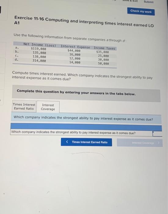 Solved Save & Exit Submit Check my work Exercise 11-16 | Chegg.com