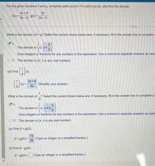 Solved For the given functions f and g, complete parts | Chegg.com