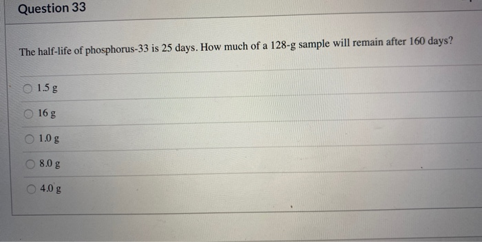 Solved Question 33 The half-life of phosphorus-33 is 25 | Chegg.com