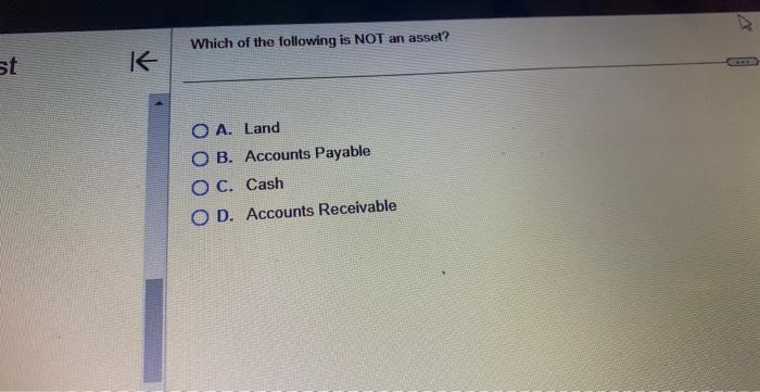 Solved Which of the following is NOT an asset? A. Land B. | Chegg.com