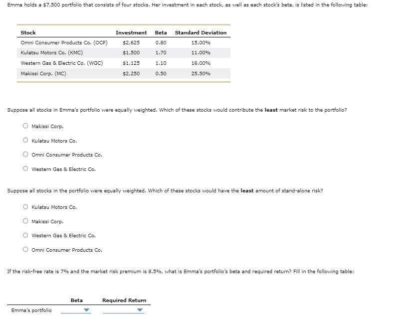 Solved Suppose All Stocks In Emmas Portfolio Were Equally