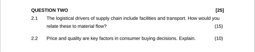 Solved QUESTION TWO2.1 ﻿The logistical drivers of supply | Chegg.com