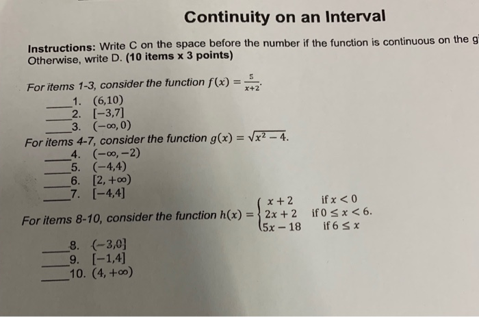 Solved Continuity on an Interval Instructions: Write C on | Chegg.com