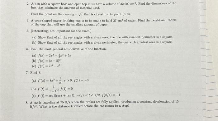 Solved 2. A box with a square base and open top must have a | Chegg.com