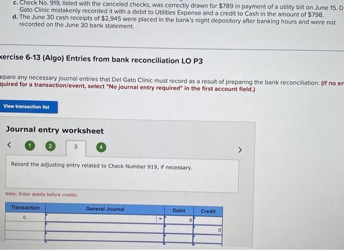 c. Check No. 919, listed with the canceled checks, | Chegg.com