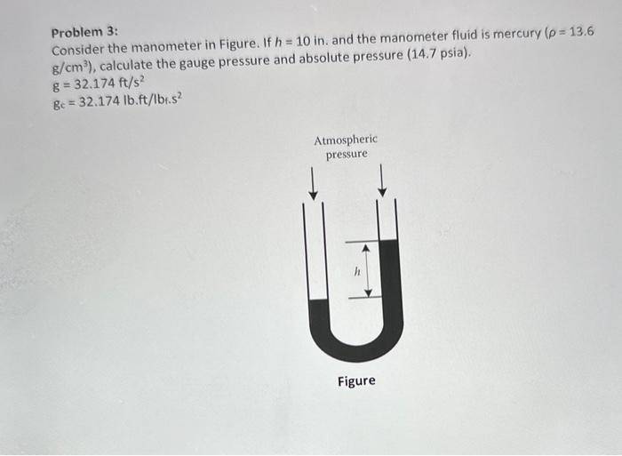 Solved Consider the manometer in Figure. If h=10in. and the | Chegg.com