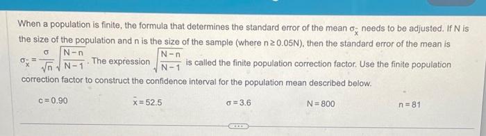 Solved When a population is finite, the formula that | Chegg.com