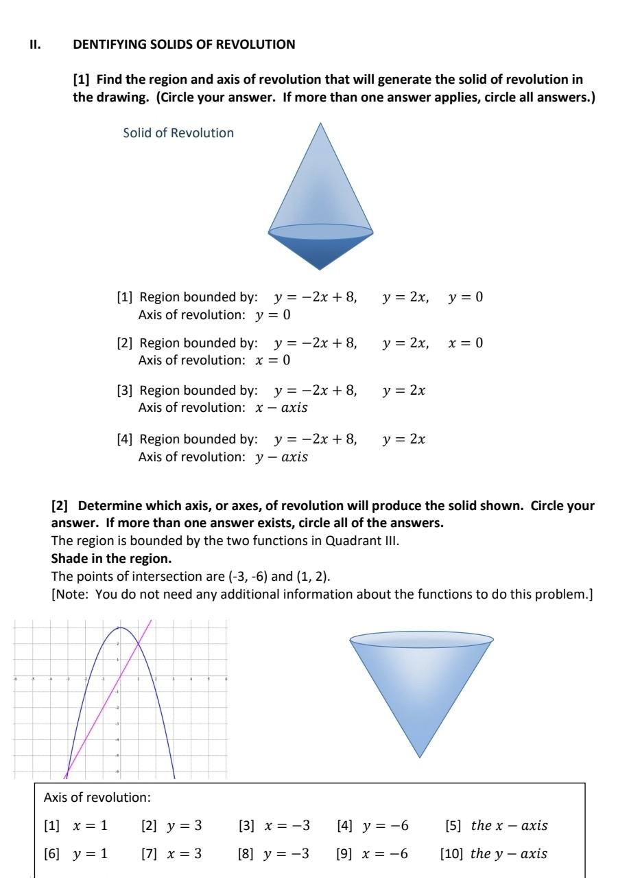 Solved II. DENTIFYING SOLIDS OF REVOLUTION [1] Find the | Chegg.com