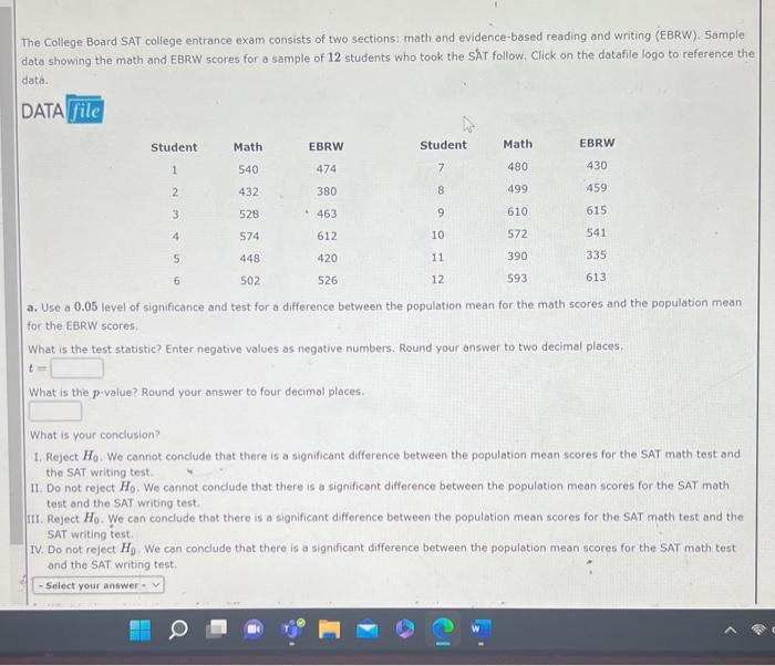 Solved The College Board SAT college entrance exam consists | Chegg.com