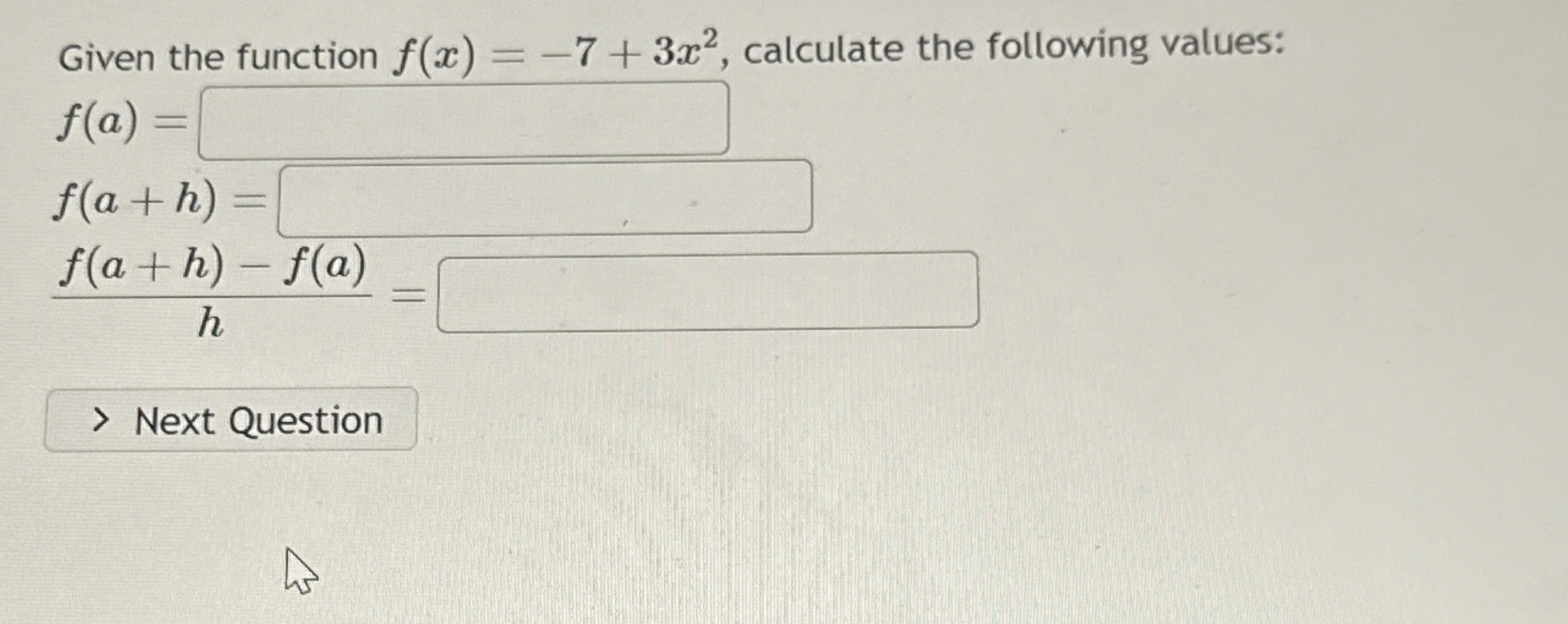 Solved Given the function f(x)=-7+3x2, ﻿calculate the | Chegg.com