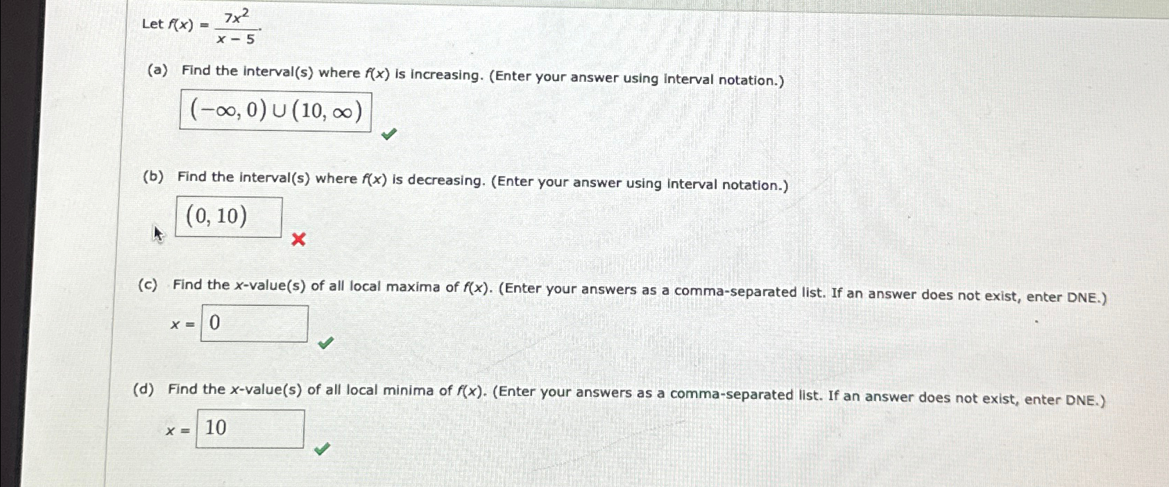 Solved Let f(x)=7x2x-5(a) ﻿Find the interval(s) ﻿where f(x) | Chegg.com