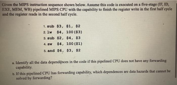 Given the MIPS instruction sequence shown below. | Chegg.com