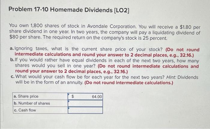 Solved Problem 17-10 Homemade Dividends (LO2] You own 1,800 | Chegg.com ...