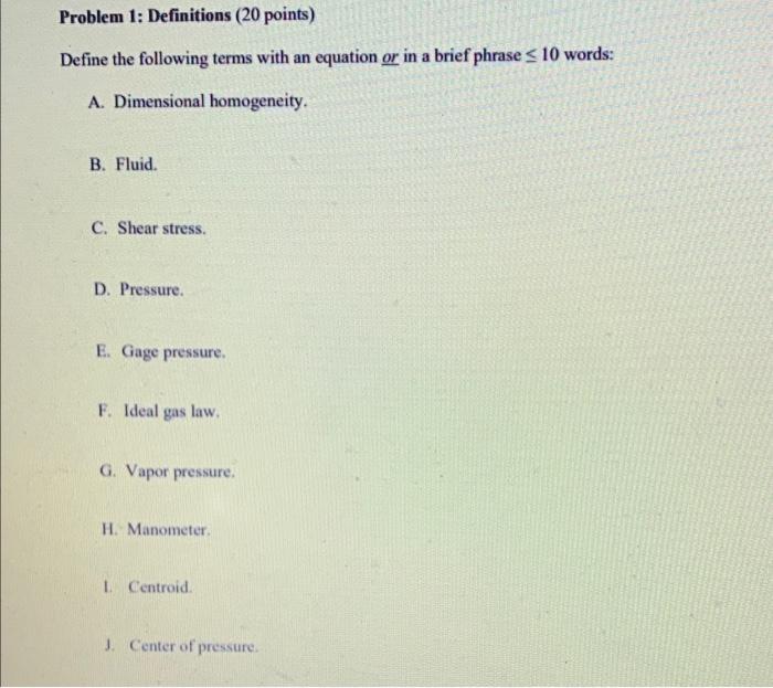 Problem 1: Definitions (20 points) Define the | Chegg.com