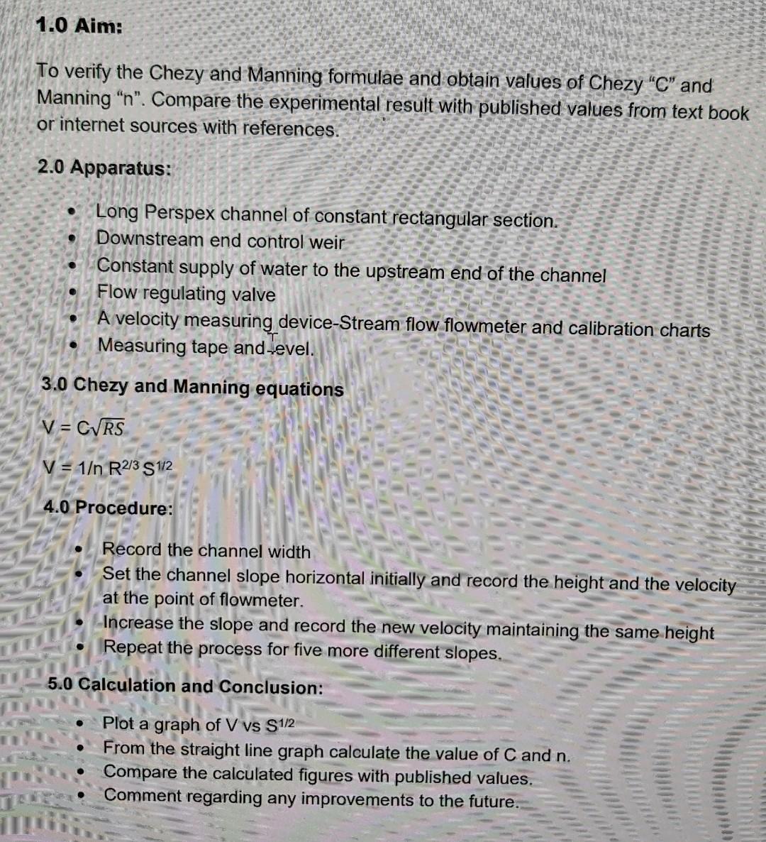 1.0 Aimn To verify the Chezy and Manning formulae and | Chegg.com