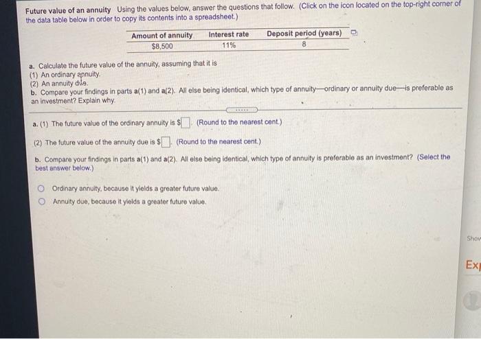 Solved Future value of an annuity Using the values below, | Chegg.com