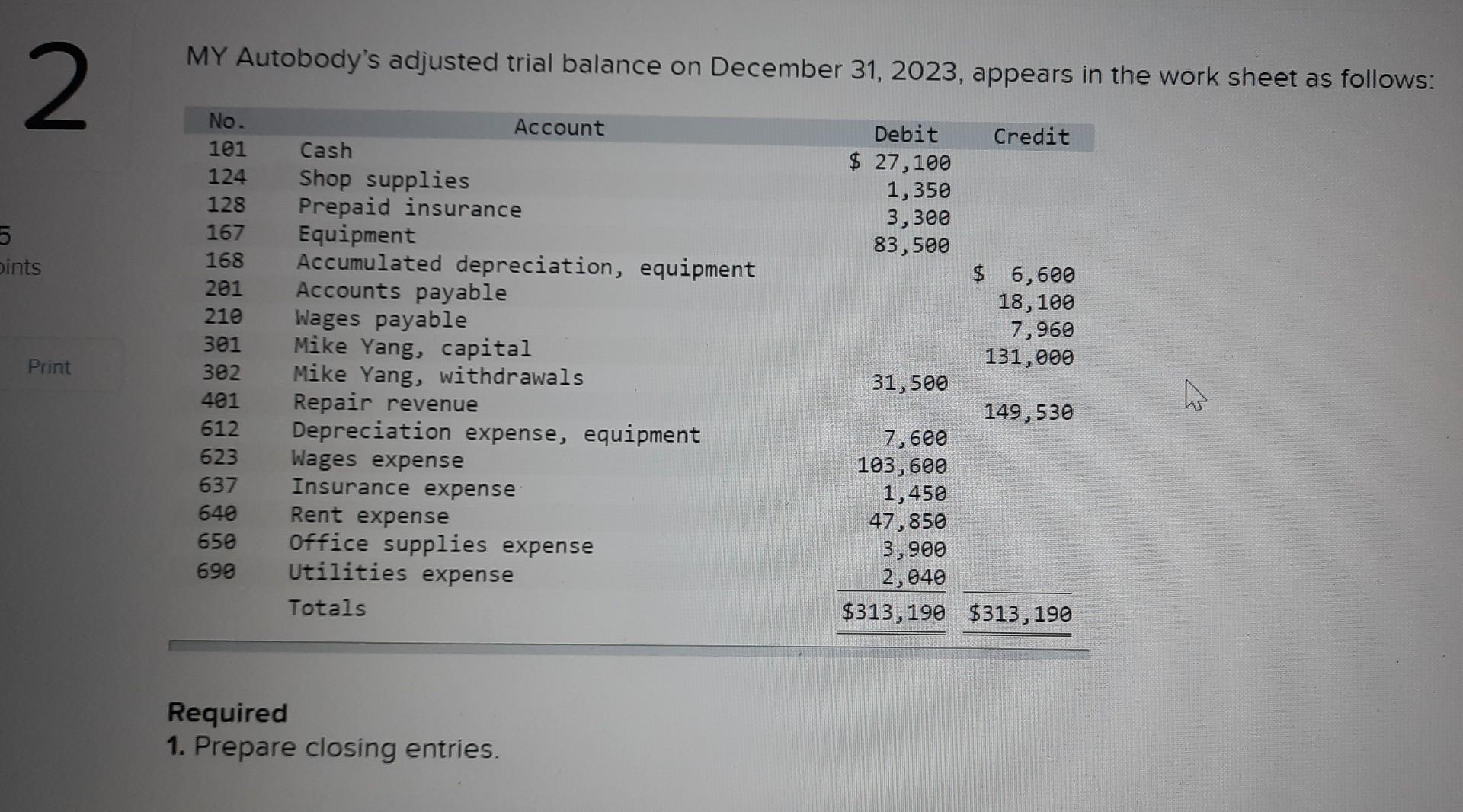 Solved MY Autobody's adjusted trial balance on December 31, | Chegg.com