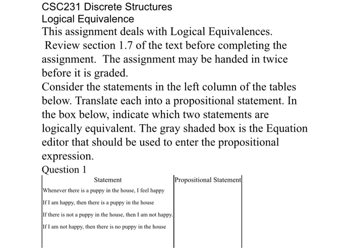 Solved CSC231 Discrete Structures Logical Equivalence This | Chegg.com
