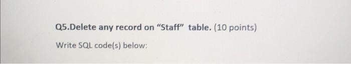 Solved Q5.Delete any record on "Staff" table. (10 points) | Chegg.com