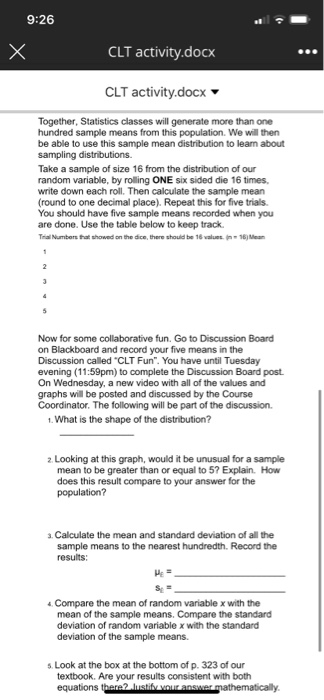 Solved 9:25 CLT activity.docx CLT activity.docx Introduction | Chegg.com