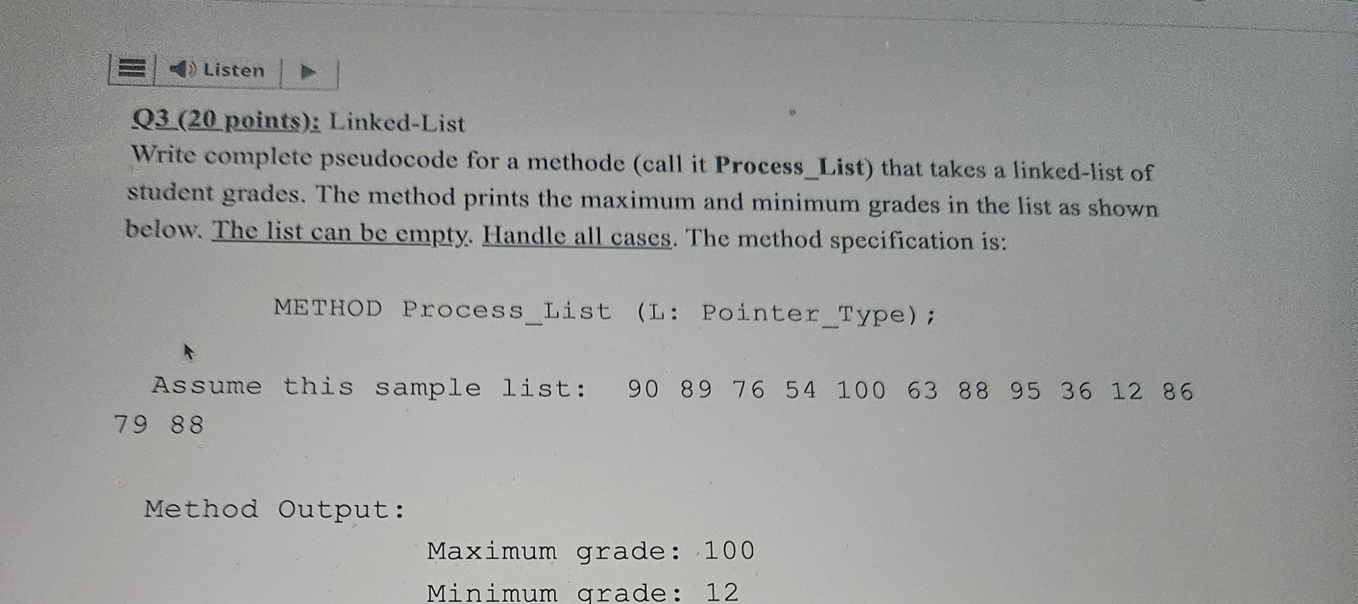 Solved ListenQ3 (20 ﻿points): Linked-ListWrite complete | Chegg.com
