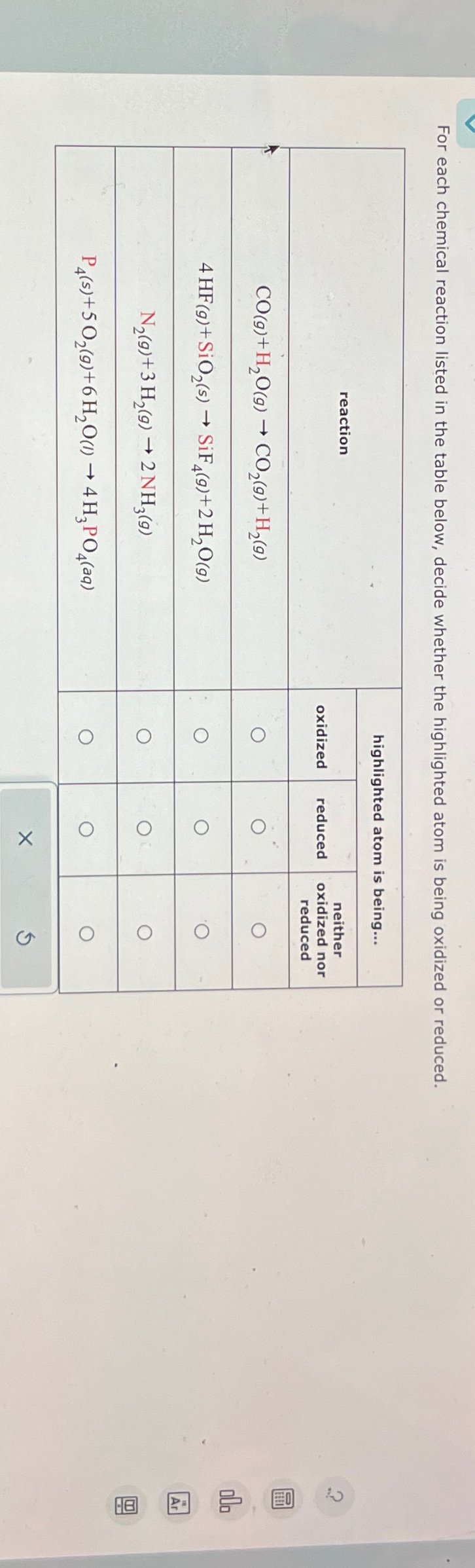 Solved For each chemical reaction listed in the table below, | Chegg.com