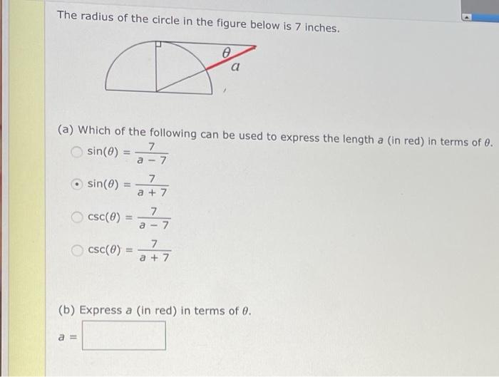 Solved The radius of the circle in the figure below is 7 | Chegg.com