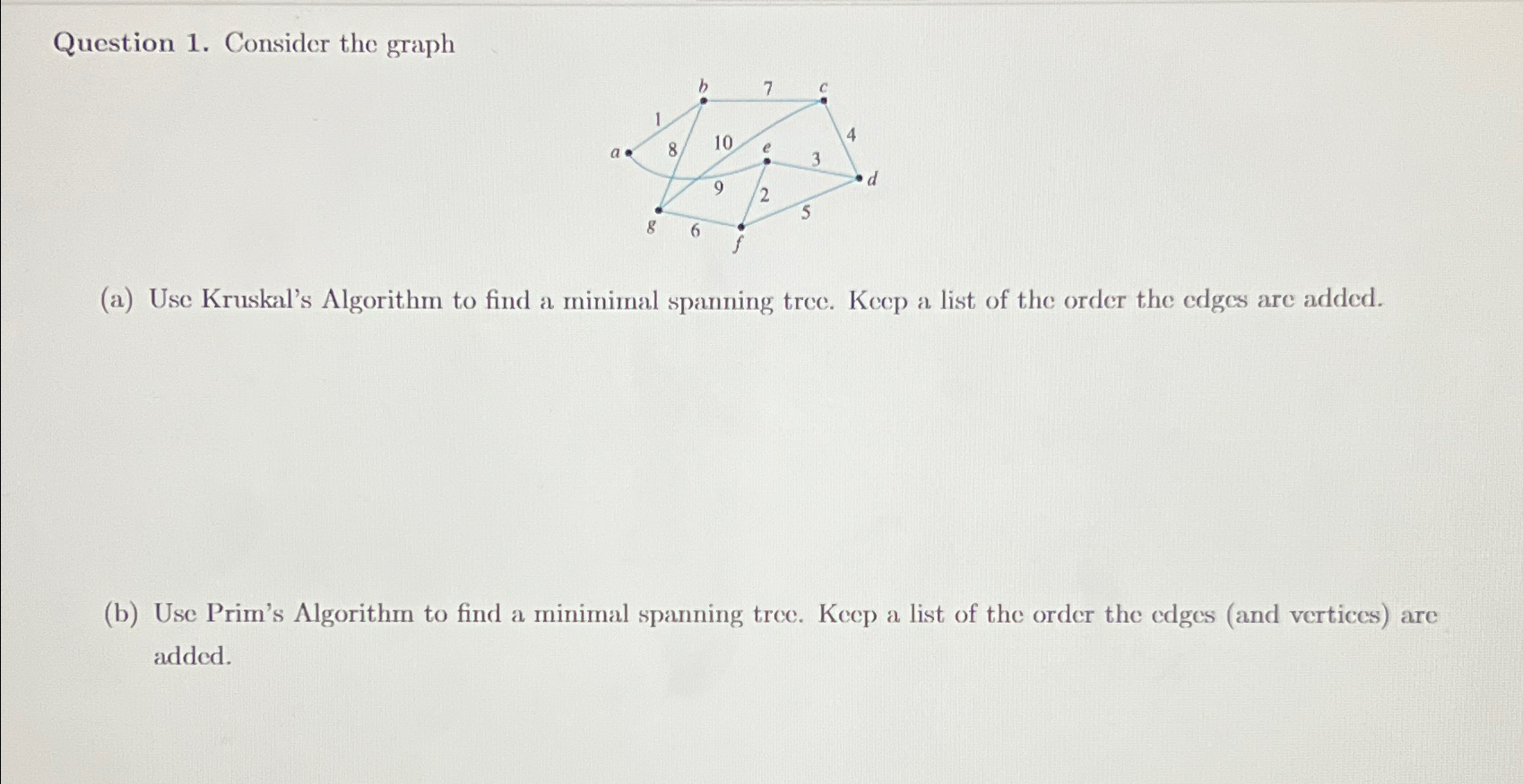 Solved Question 1. ﻿Consider the graph(a) ﻿Use Kruskal's | Chegg.com