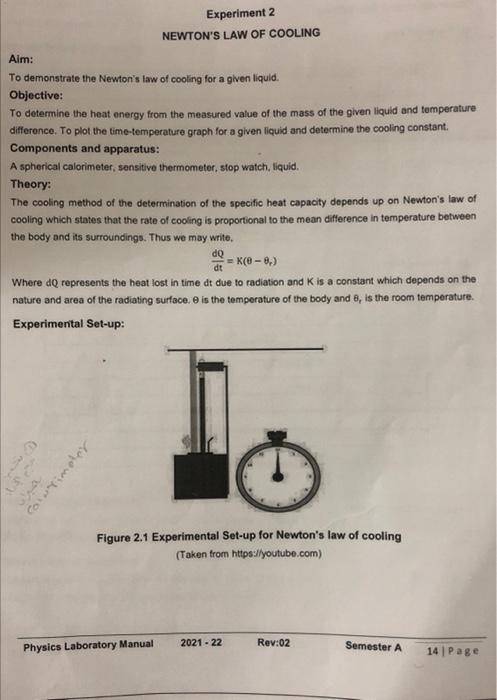 Experiment 2 NEWTON'S LAW OF COOLING a Alm: To | Chegg.com