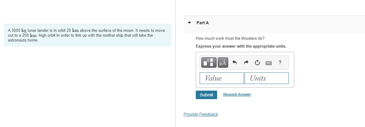 Solved A 3000kg ﻿lunar lander is in orbit 20km ﻿above the | Chegg.com