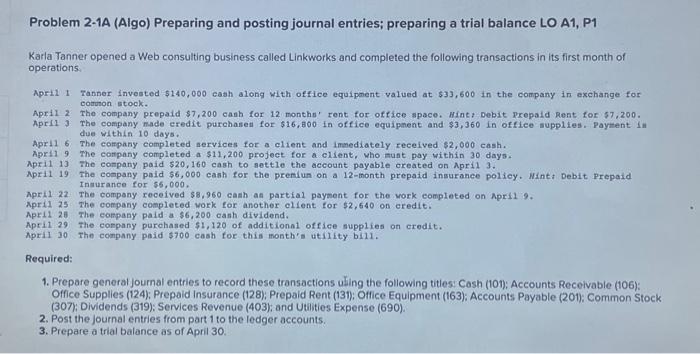 Solved Problem 2-1A (Algo) Preparing and posting journal | Chegg.com