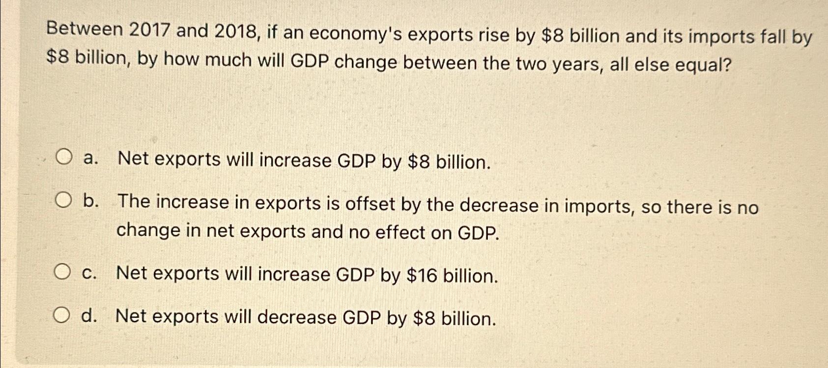 Solved Between 2017 ﻿and 2018, ﻿if an economy's exports rise | Chegg.com