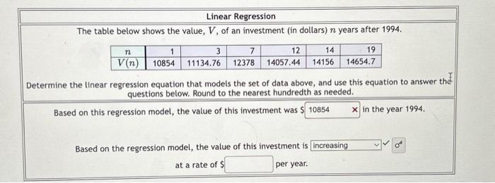 Solved Linear Regression The table below shows the value, V, | Chegg.com