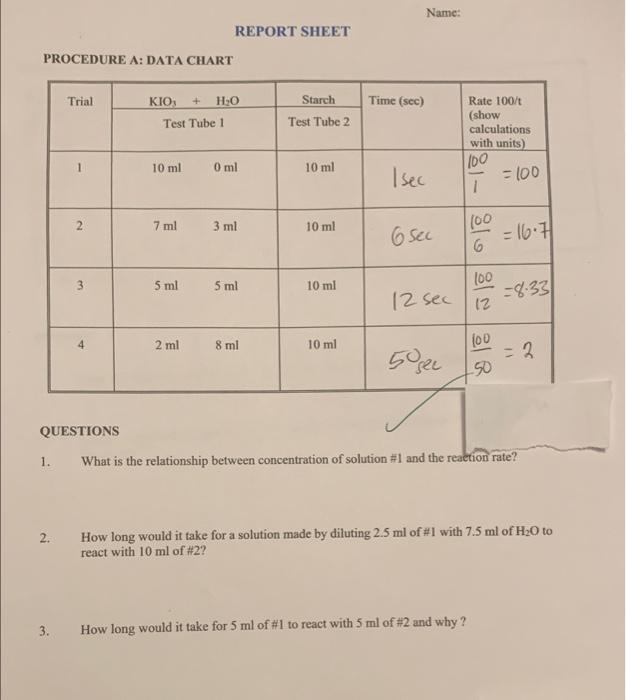 Solved Name: REPORT SHEET PROCEDURE A: DATA CHART Trial ΚΙΟ, | Chegg.com