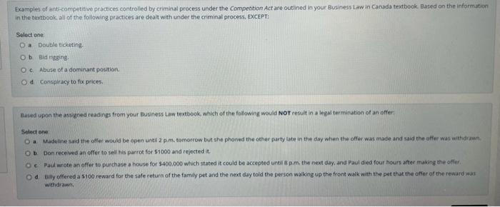 Solved Examples of ant-competitive practices controlled by | Chegg.com