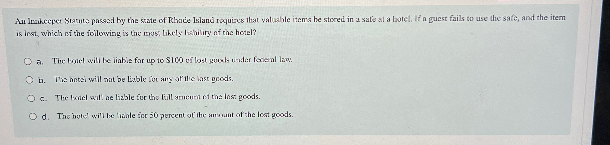 Solved An Innkeeper Statute passed by the state of Rhode | Chegg.com