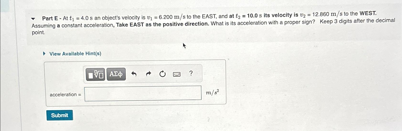 Solved Part E- ﻿At t1=4.0s ﻿an object's velocity is | Chegg.com