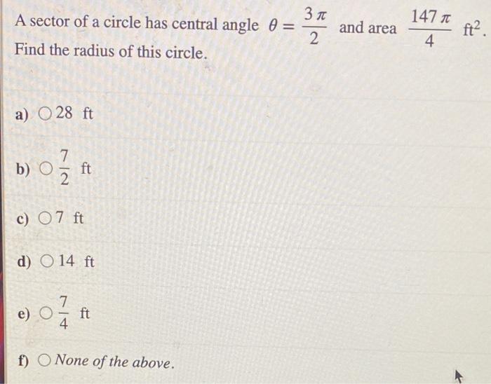 Solved A sector of a circle has central angle θ=23π and area | Chegg.com