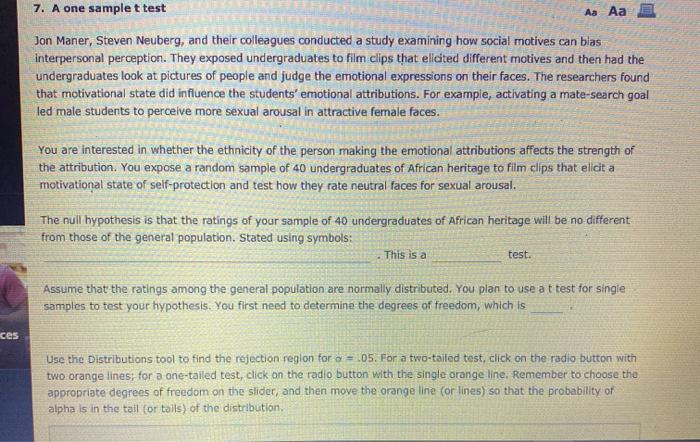 Solved 7. A one sample t test А. Аа Jon Maner, Steven | Chegg.com