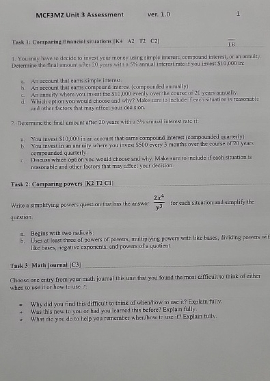 MCF3MZ Unit 3 ﻿Assessmentver. 1.01Task 1: Comparing | Chegg.com