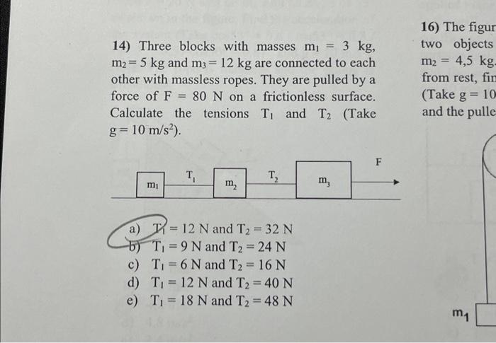 Solved 14) Three blocks with masses m1=3 kg, m2=5 kg and | Chegg.com