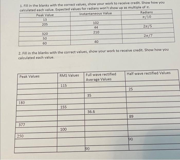 Solved 1. Fill in the blanks with the correct values, show | Chegg.com