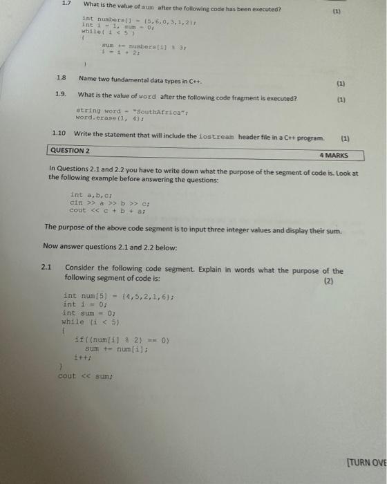 Solved 1.7 What is the value of aum after the following code | Chegg.com