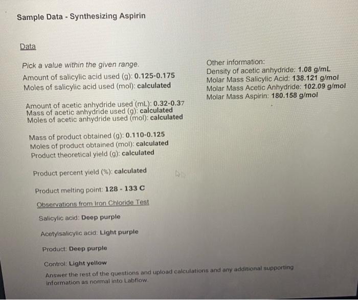 Solved Sample Data - Synthesizing Aspirin Data Pick a value | Chegg.com