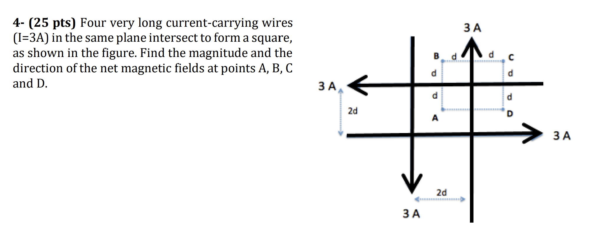 Solved 4- (25 ﻿pts) ﻿Four very long current-carrying | Chegg.com