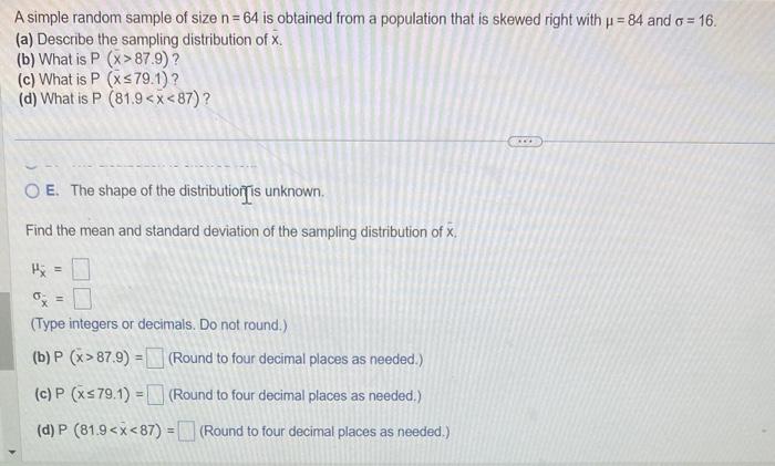 Solved A simple random sample of size n=64 is obtained from | Chegg.com
