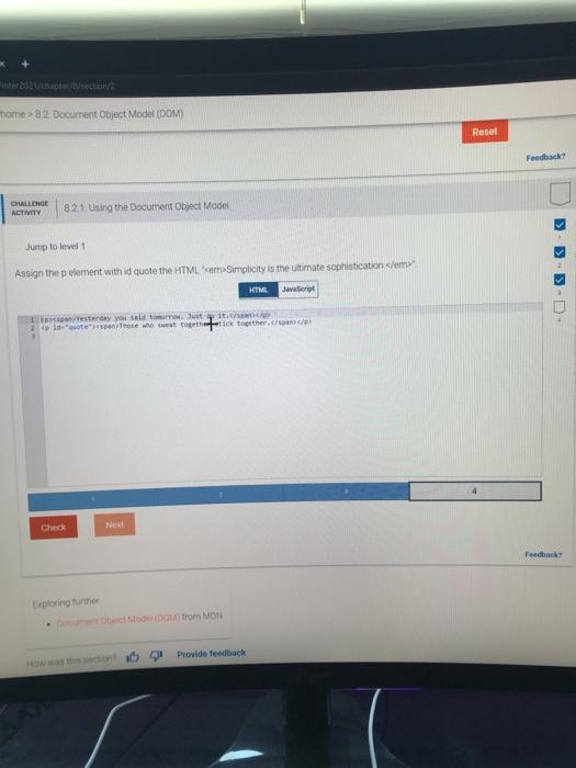 Solved home >8.2 Document Object Model (DOM) Reset Feedback | Chegg.com