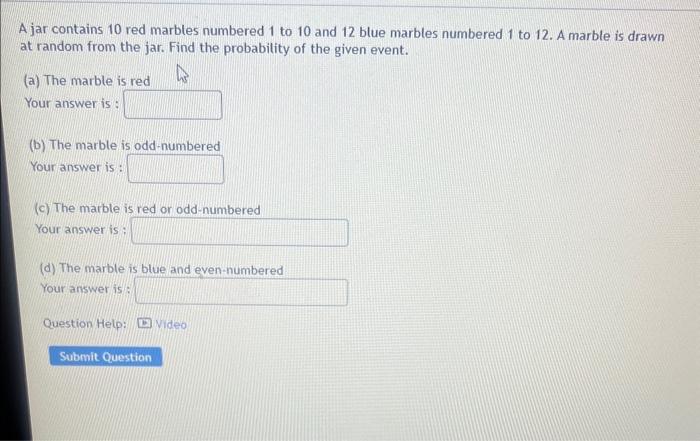 Solved A jar contains 10 red marbles numbered 1 to 10 and 12 | Chegg.com