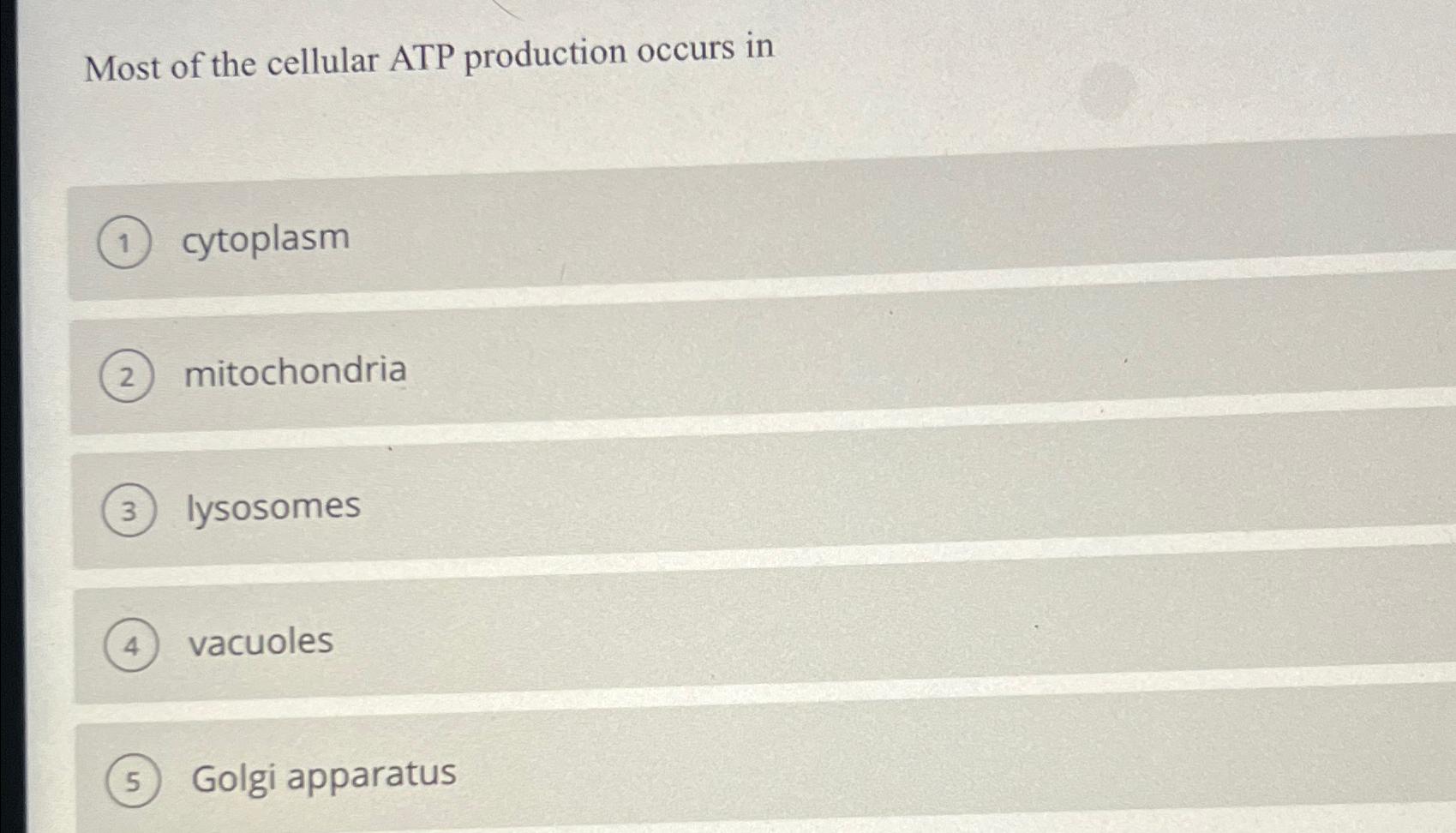 Solved Most of the cellular ATP production occurs | Chegg.com