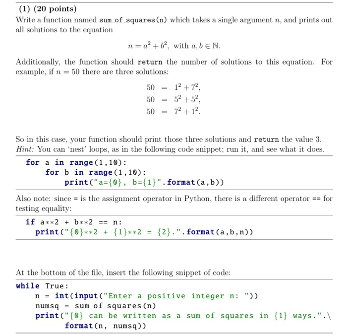 Solved (1) (20 points) Write a function named sum_of_squares | Chegg.com
